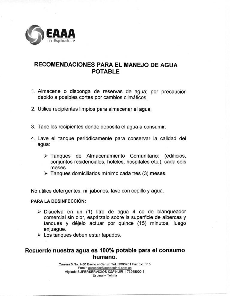 RECOMENDACIONES PARA EL MANEJO DEL AGUA POTABLE – EAAA del Espinal E.S.P